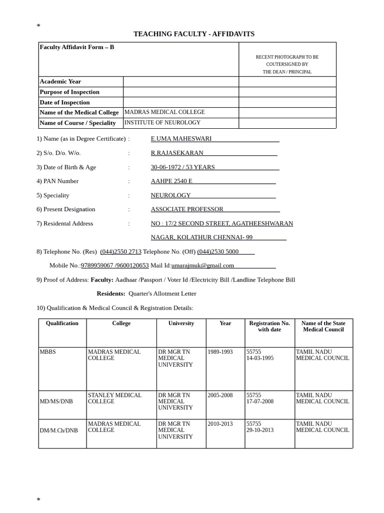 Teaching Faculty - Affidavit | PDF | Doctor Of Medicine | Medical School