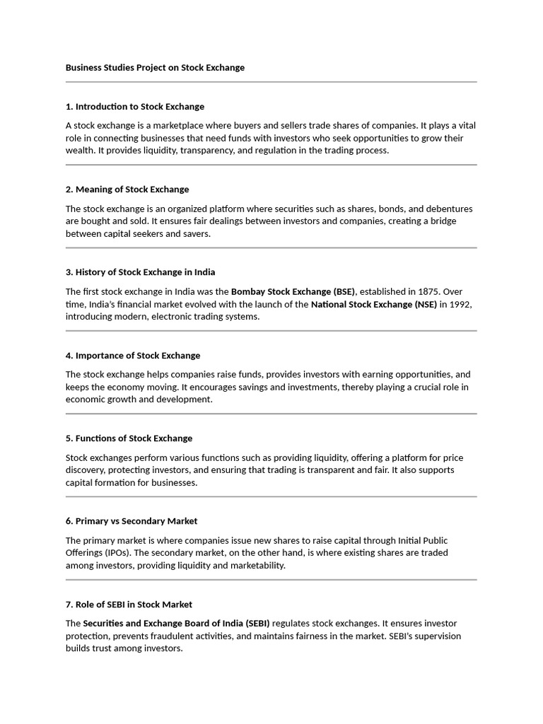 Business Studies Project On Stock Exchange2 | PDF | Stock Exchange ...