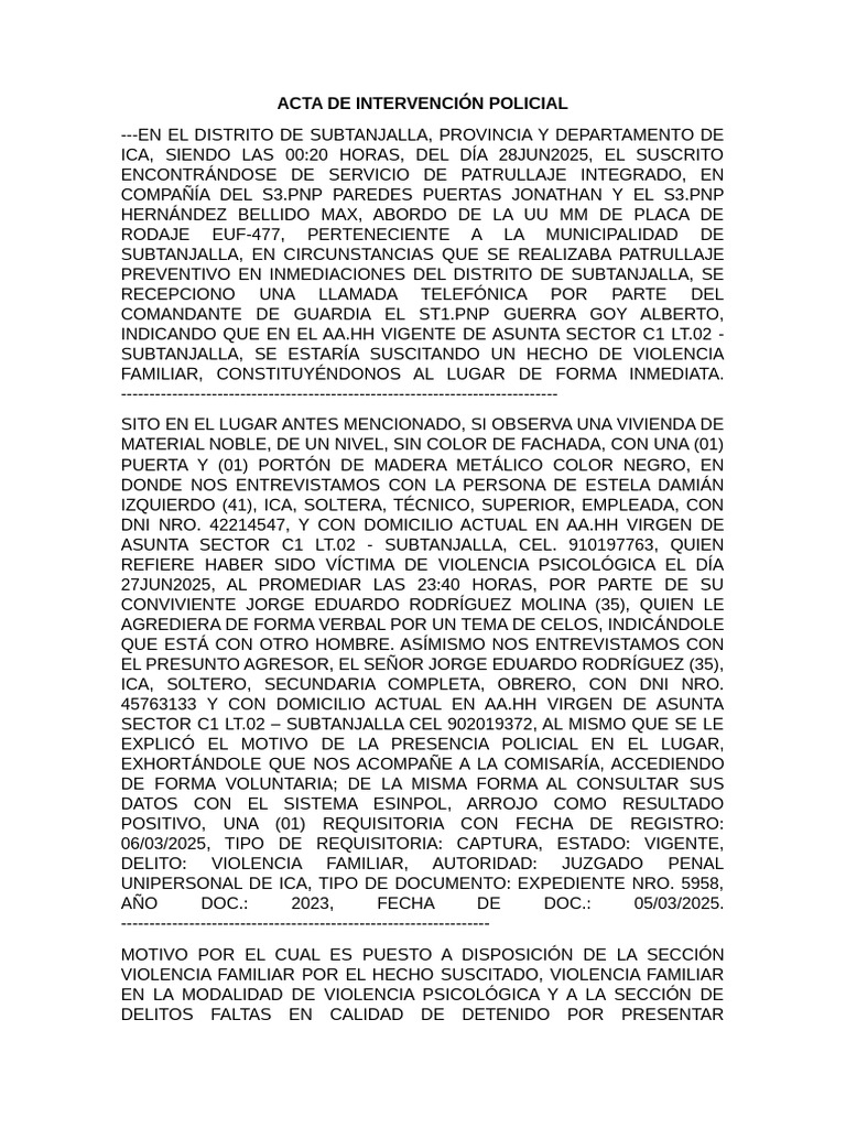 ACTA DE ITERVENCION RQ FAMILIA | PDF