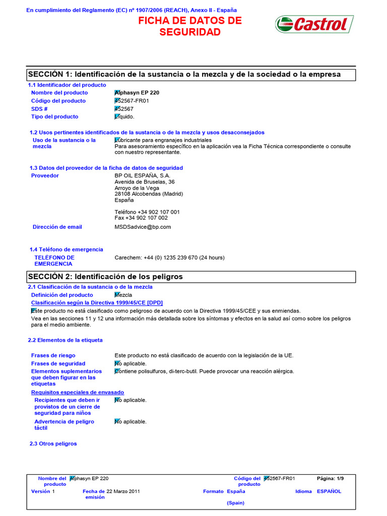 BP Castrol Alphasyn Ep 220 MSDS | PDF | Residuos | Gestión de residuos