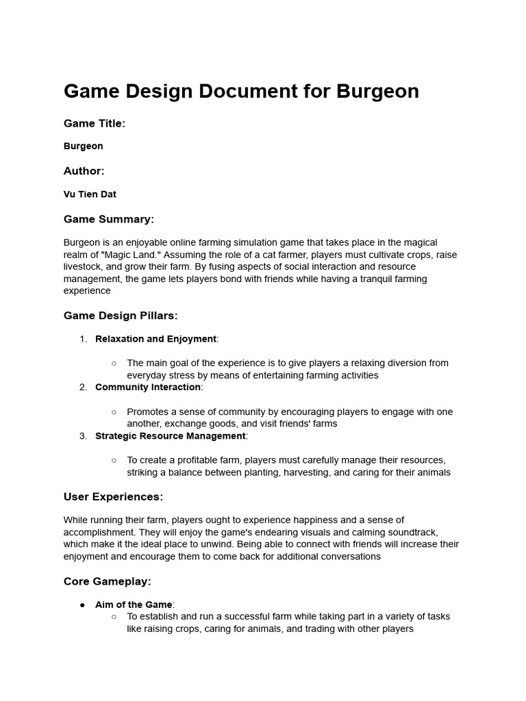 Game Design Document For Burgeon | PDF | Agriculture | Farms