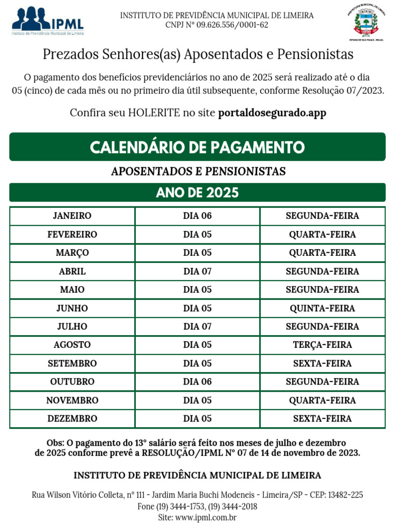 Calendário de Pagamento 2025 IPML | PDF