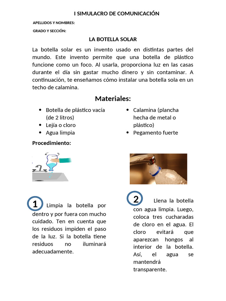 Botella Solar: Luz Diurna Ecológica | PDF | Agua