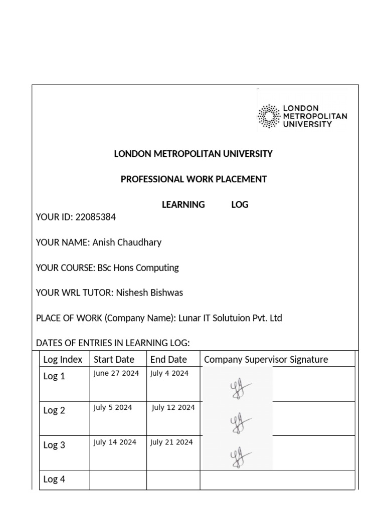 London Met Uni Work Placement Log | PDF