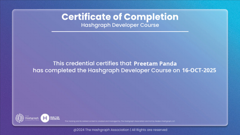 This Credential Certifies That Has Completed The Hashgraph Developer ...