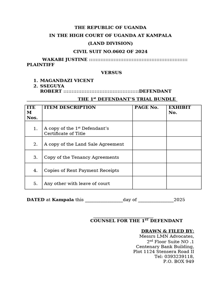 Uganda High Court Civil Suit 0602 Trial Bundle | PDF