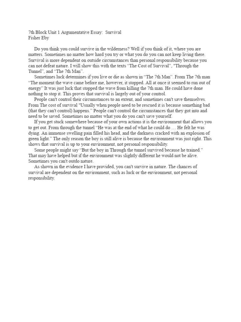 7th Block Unit 1 Argumentative Essay - Survival | PDF