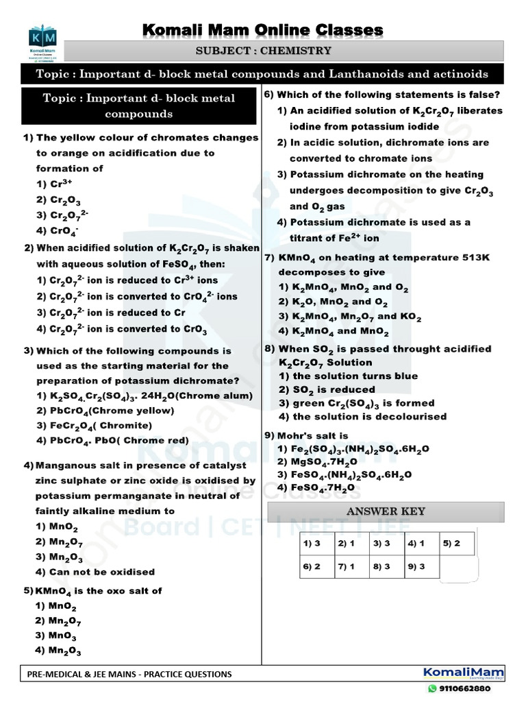 MDQs On Important D Block Metal Compounds and Lanthanoids and Actinoids ...