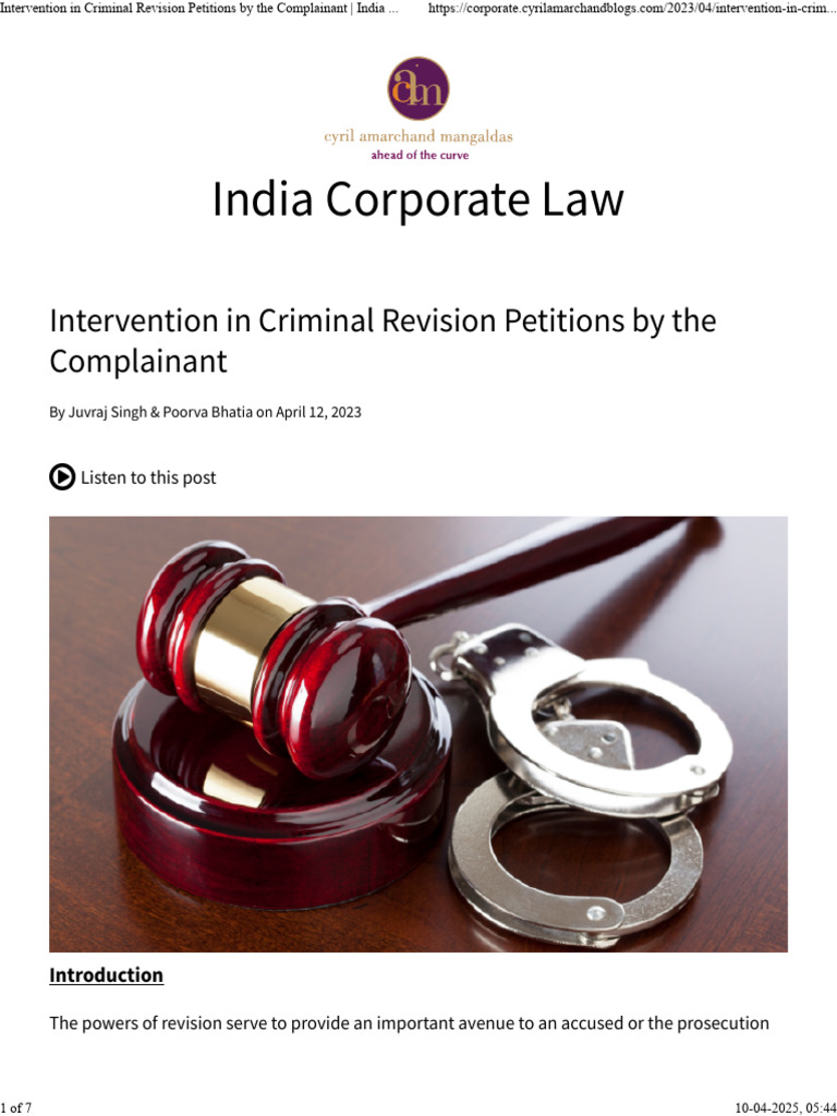 Intervention in Criminal Revision Petitions by The Complainant - India Corporate Law | PDF ...