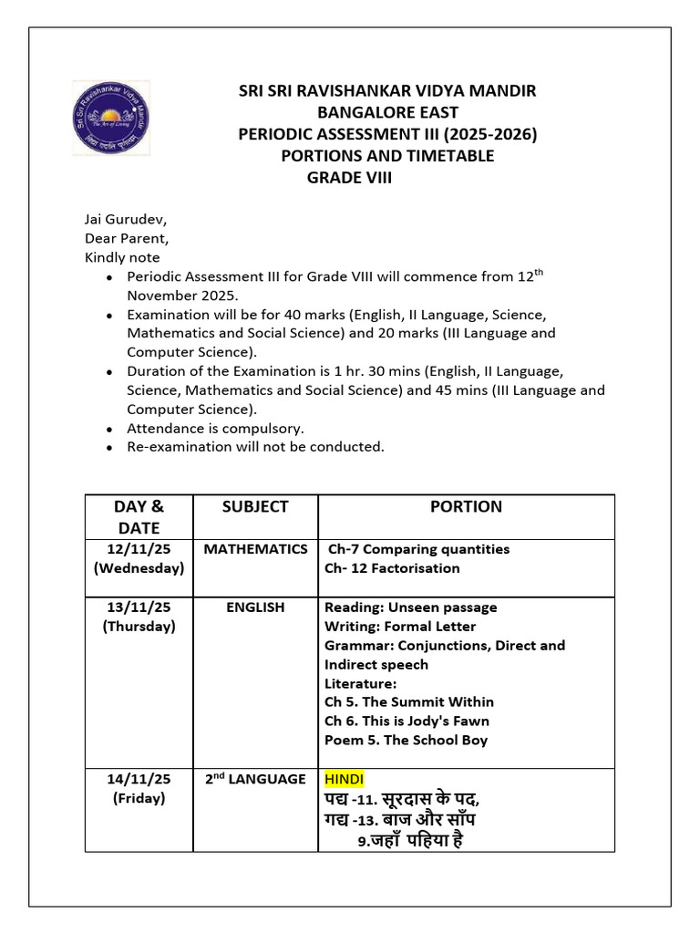 Grade 8 Pa3 Timetable & Portion 2025-26 | PDF