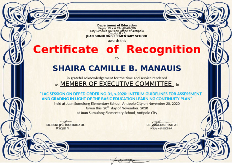 LAC Certificate 2020 2021 Participation Recognition 1 SHAIRA MEMBER | PDF