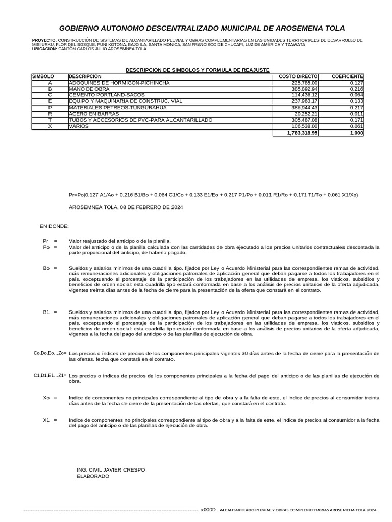 Formula Alcantarillado Pluvial y Obras Complementarias Arosemena Tola 2024 | PDF | Economias