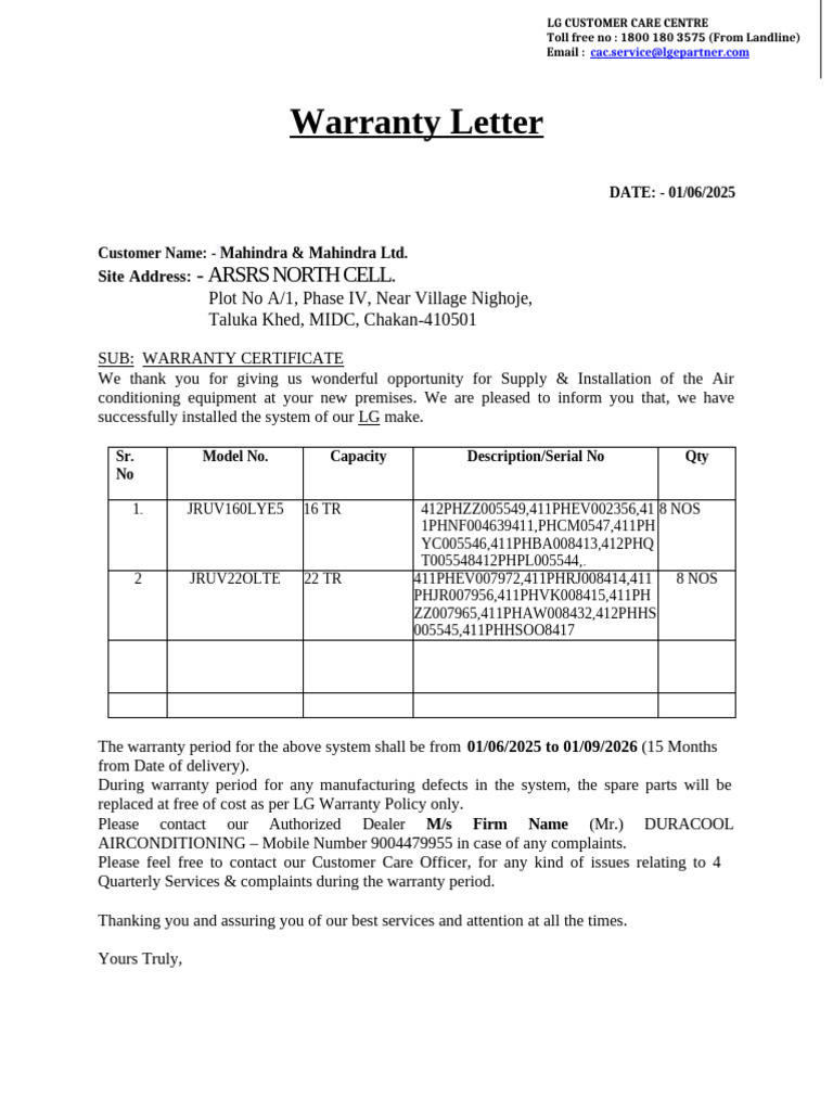 03 Warranty Letter - Blueprint | PDF