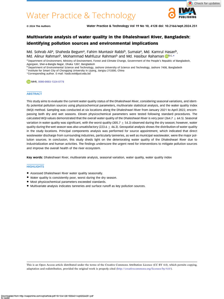 Dhaleshwari River Water Quality Analysis | PDF | Student's T Test ...