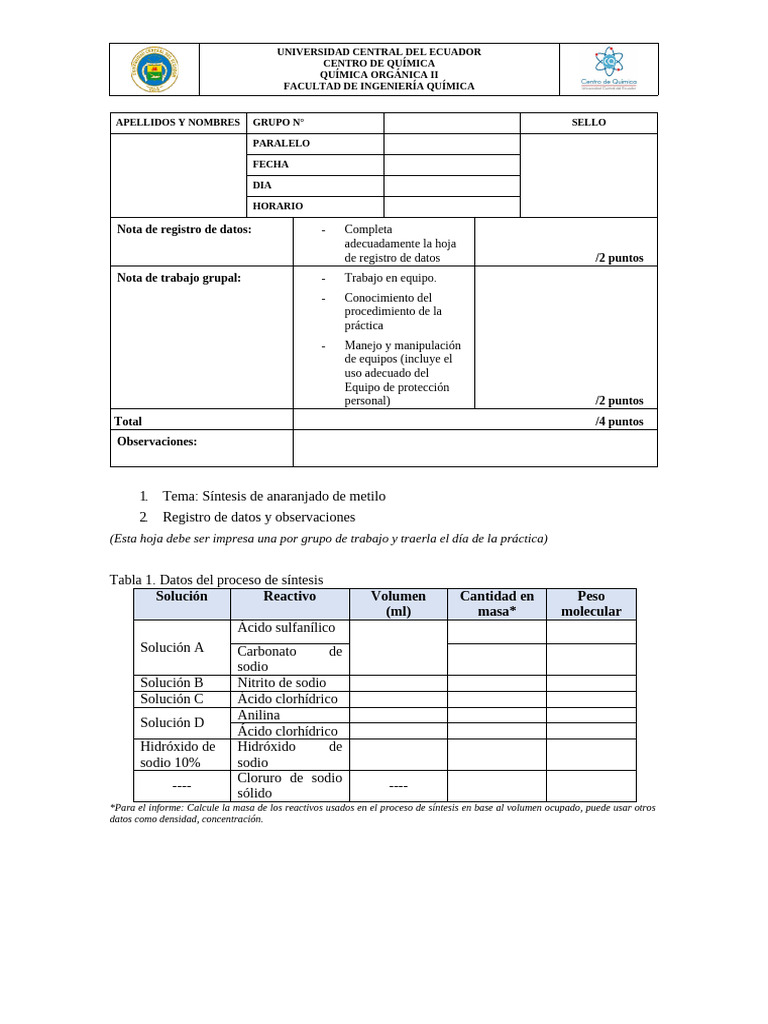 FIQ-QOII-Hoja de Datos - Síntesis de Anaranjado de Metilo | PDF | Ácido ...