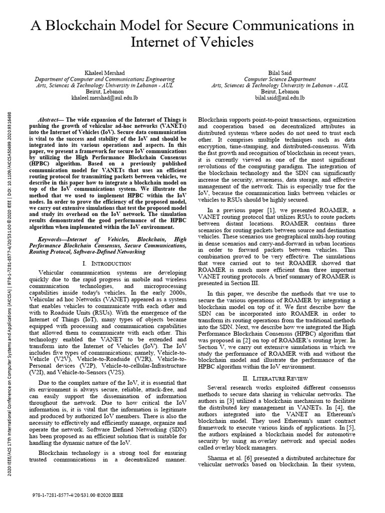 A Blockchain Model For Secure Communications in Internet of Vehicles ...