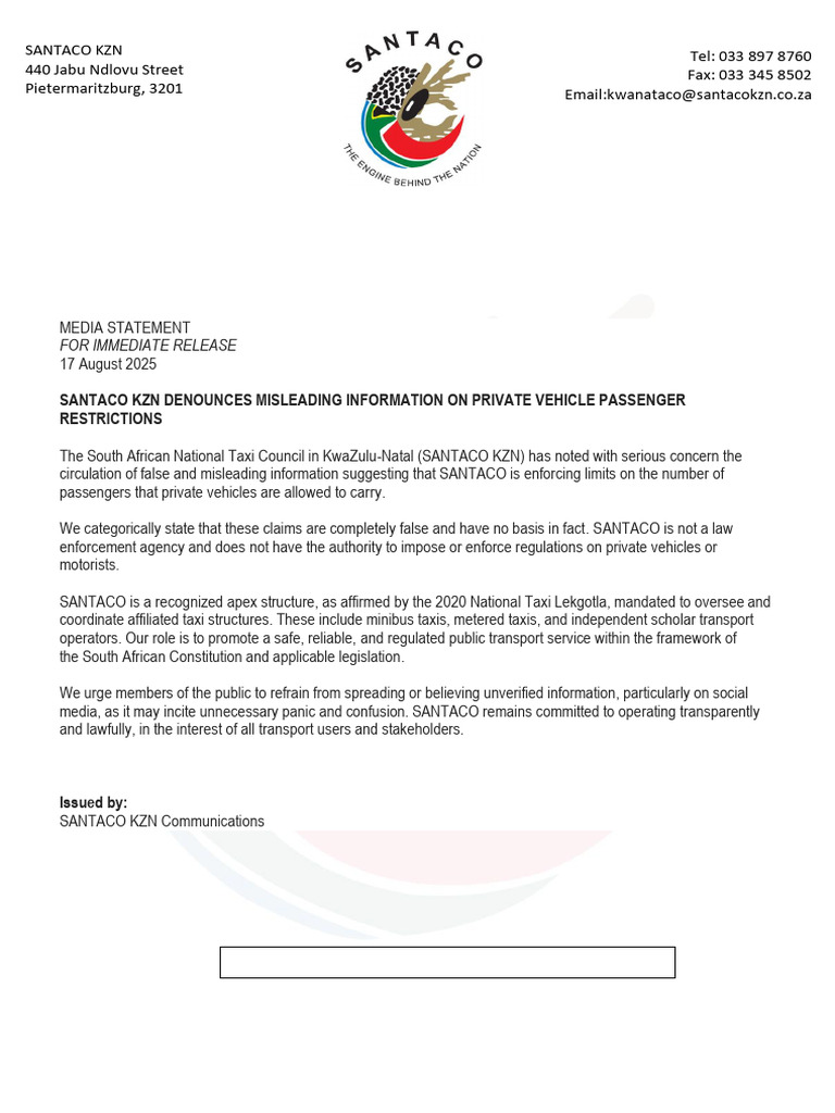 Media Statement For Santaco KZN False News | PDF