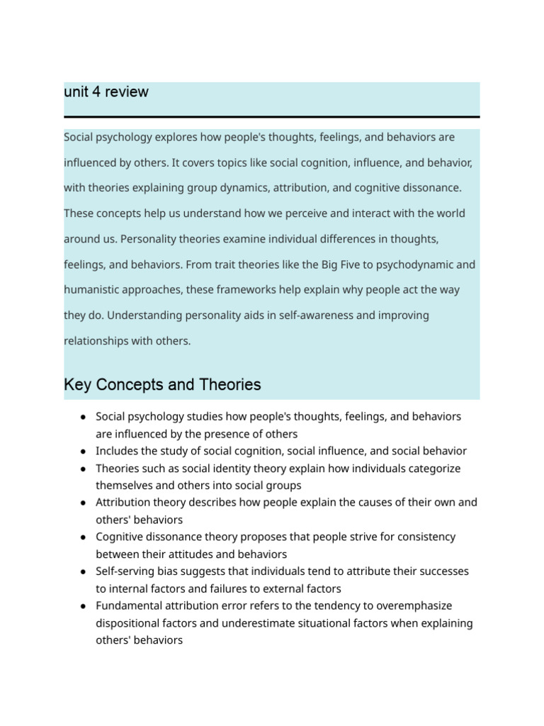AP Psych Unit 4 Review | PDF | Attitude (Psychology) | Psychological ...