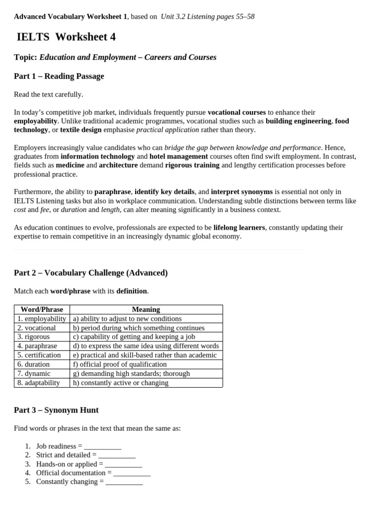 Advanced Vocabulary Worksheet 1, Based On Unit 3.2 Listening Pages 55 ...