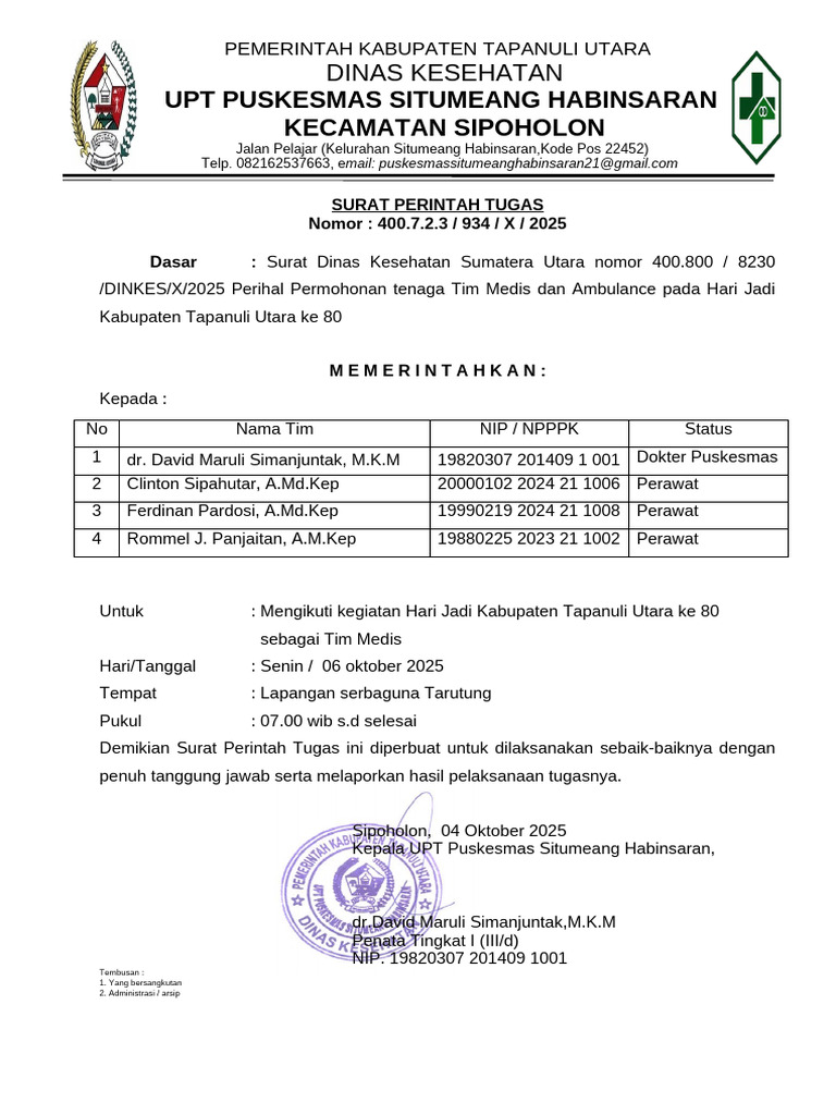 Tim Medis Hari Jadi Tapanuli Utara ke-80 | PDF