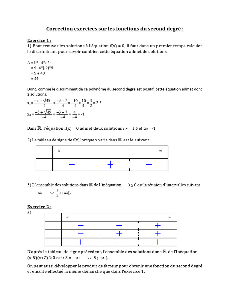 Correction exercices fonctions second degré | PDF | Mathématiques ...