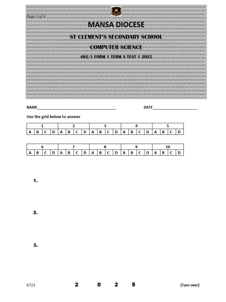 Form 1 Test 1 Term 3 2025 Cs | PDF | Bit | Central Processing Unit