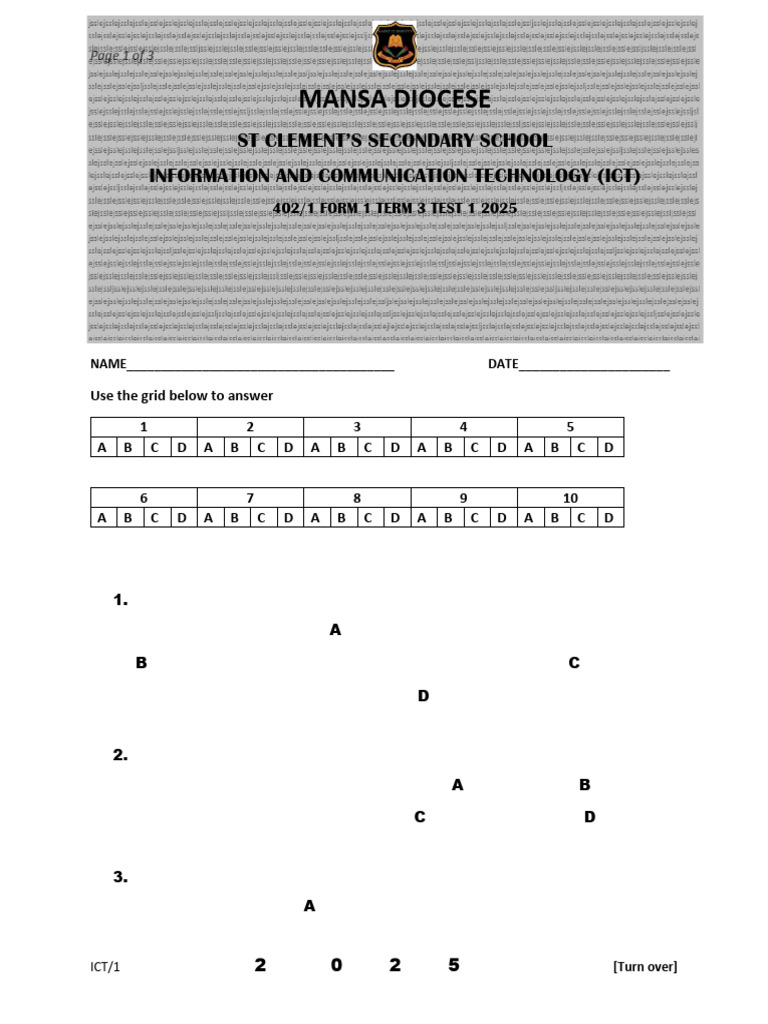 Form 1 Test 1 Term 3 2025 Ict | PDF | Computer File | Operating System ...