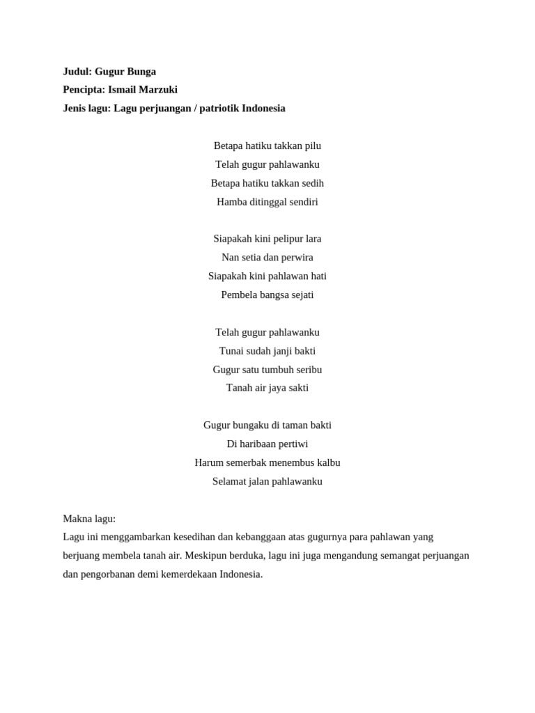 Makna Lagu Gugur Bunga Ismail Marzuki | PDF