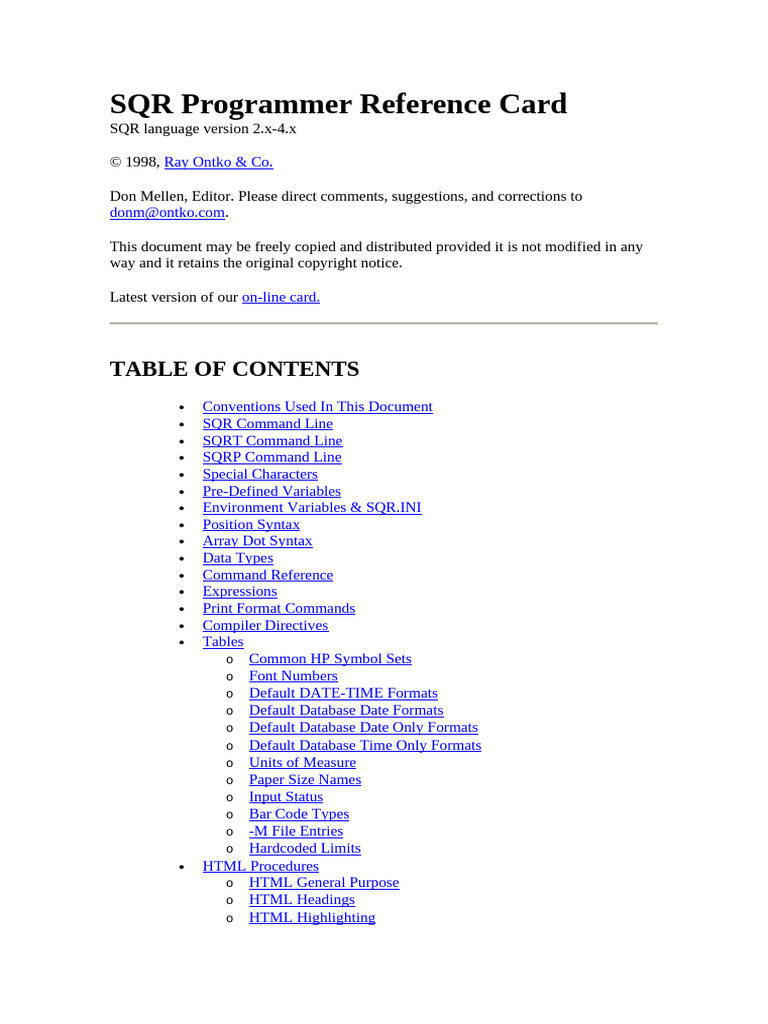 SQR Programmer Reference Card 2.x-4.x | PDF | Data Type | Variable ...