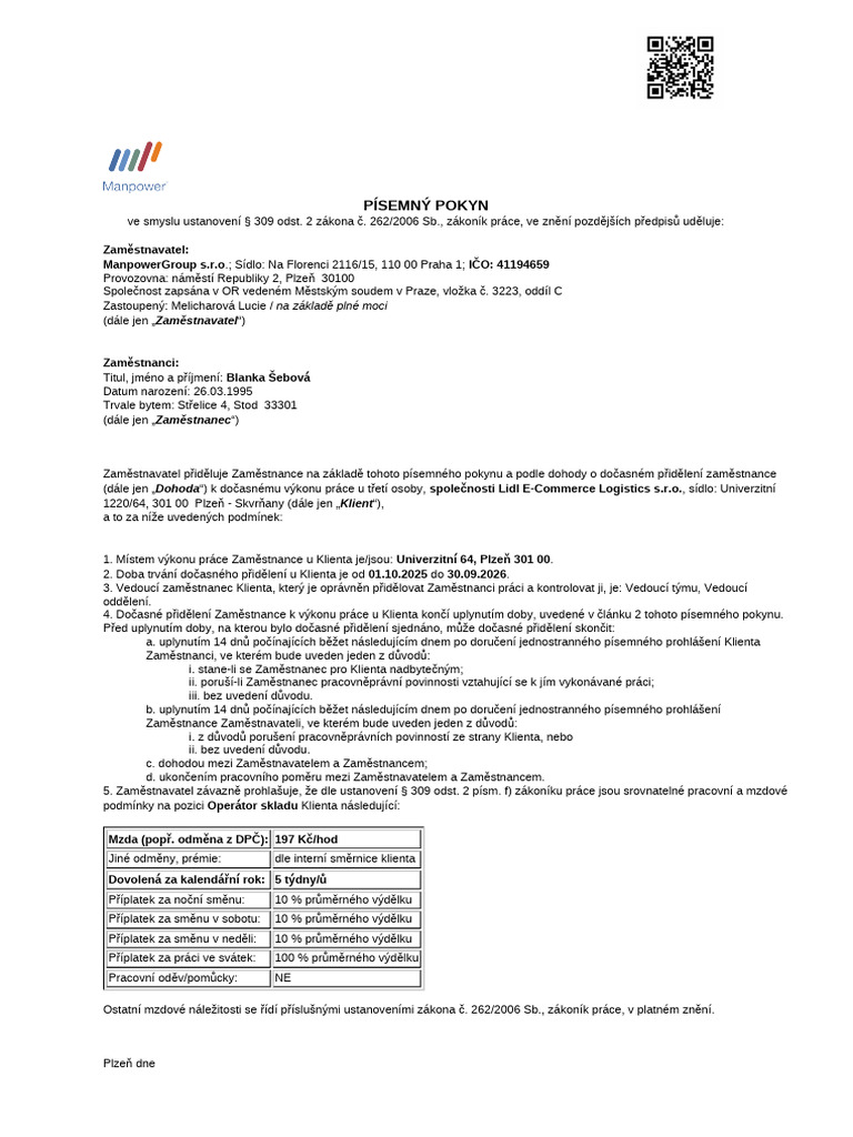 Šebová - Blanka - Písemný Pokyn - 2025 Standard | PDF