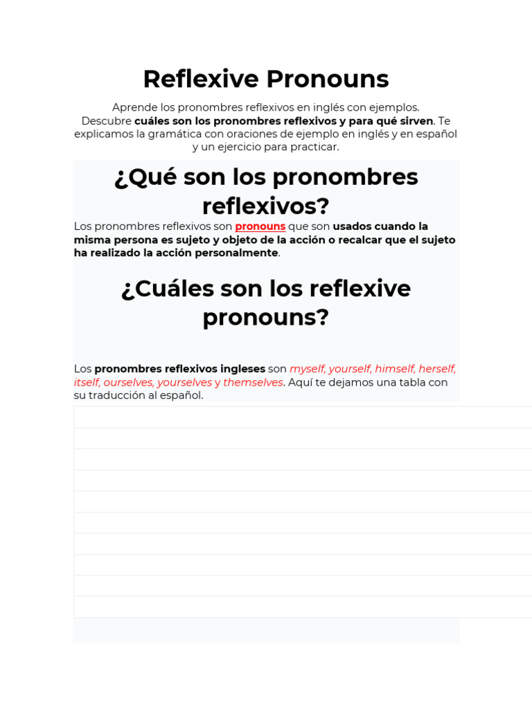 Pronombres Reflexivos en Inglés: Guía y Ejemplos | PDF | Asunto ...