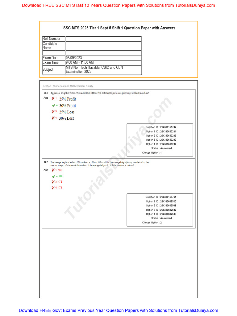 SSC MTS Question Paper 5 Sep 2023 Shift 1 | PDF