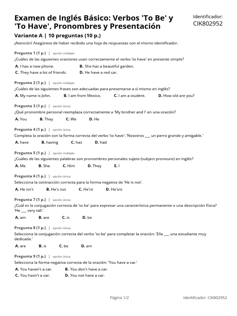 Examen Inglés Básico: Verbos y Pronombres | PDF | Morfología ...
