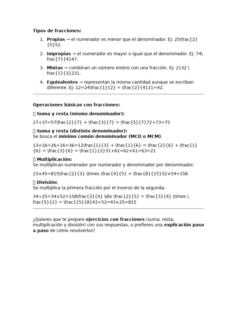 Tipos y operaciones con fracciones | PDF