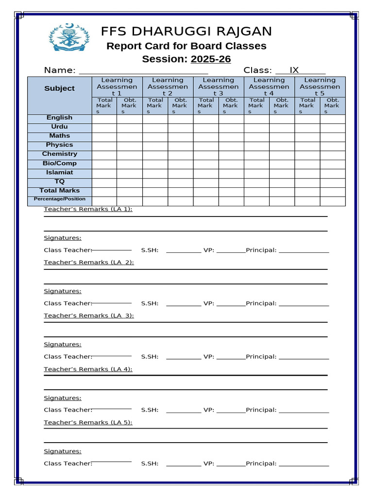 Urdu Teacher Report Card 2025-26 | PDF