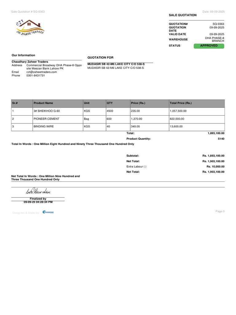 Quotation SQ 0363 MUDASIR SB 42 M6 LAKE CITY C O 538 S 09 09 2025 | PDF