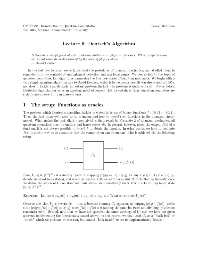 Deutsch's Algorithm in Quantum Computation | PDF | Applied Mathematics ...