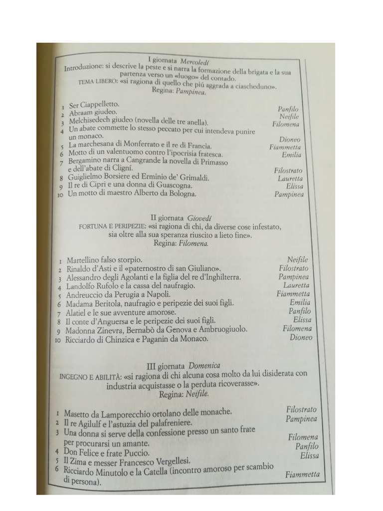 Decameron - Schema Delle Giornate | PDF