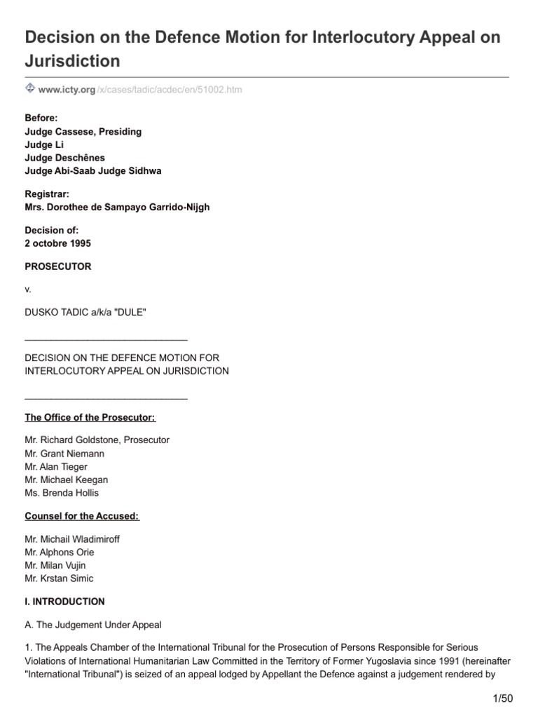 Decision On The Defence Motion For Interlocutory Appeal On Jurisdiction ...