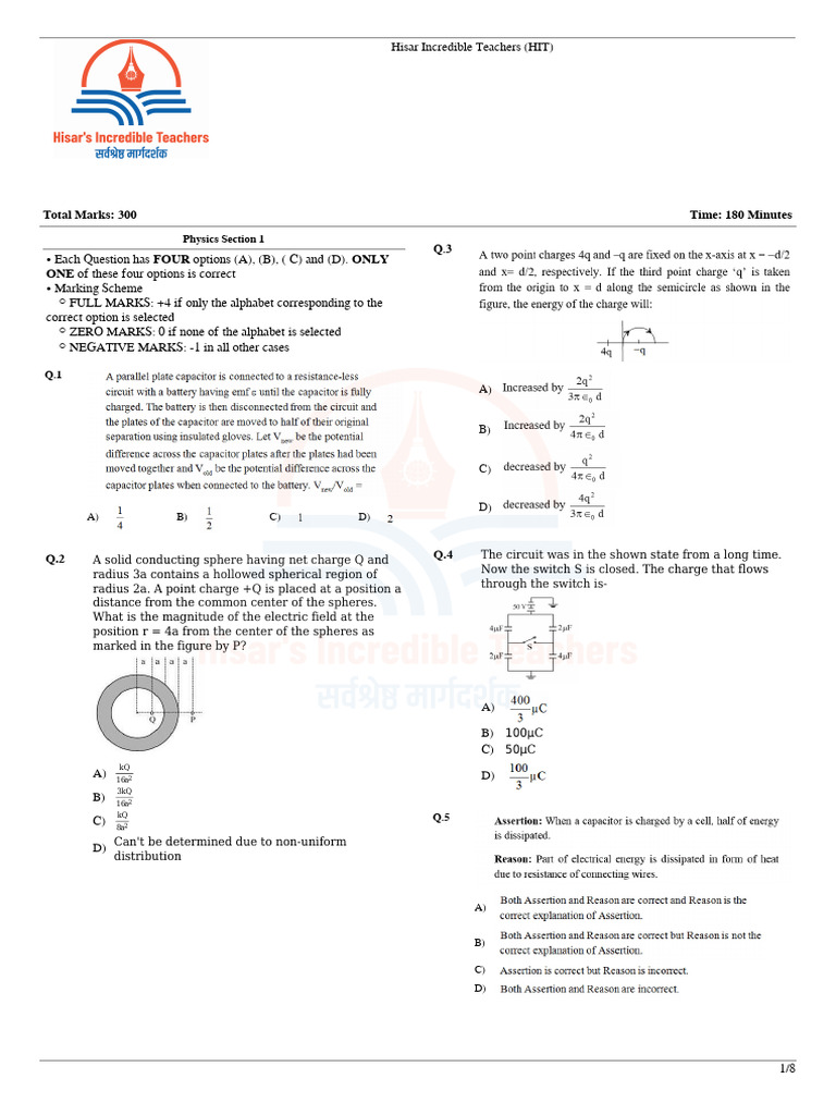 HIT JEE MAINS Question-Paper | PDF | Capacitor | Capacitance