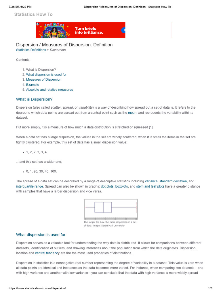 Dispersion - Measures of Dispersion - Definition - Statistics How To | PDF | Statistical ...