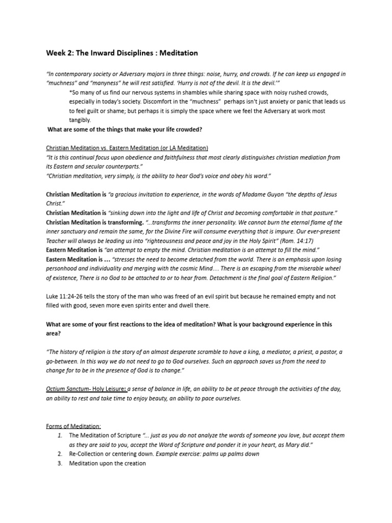 Week 2 The Inward Disciplines Meditation Prayer | PDF | Prayer | Meditation