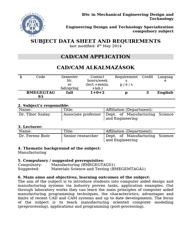 CADCAM Applications BMEGEGTAG93 | PDF | Computer Aided Design | Automation