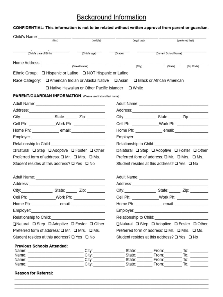Child Background Information Form | PDF | Race And Ethnicity In The ...