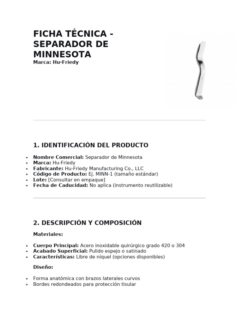 Separador de Minnesota Hu-Friedy: Ficha Técnica | PDF | Acero | Acero ...