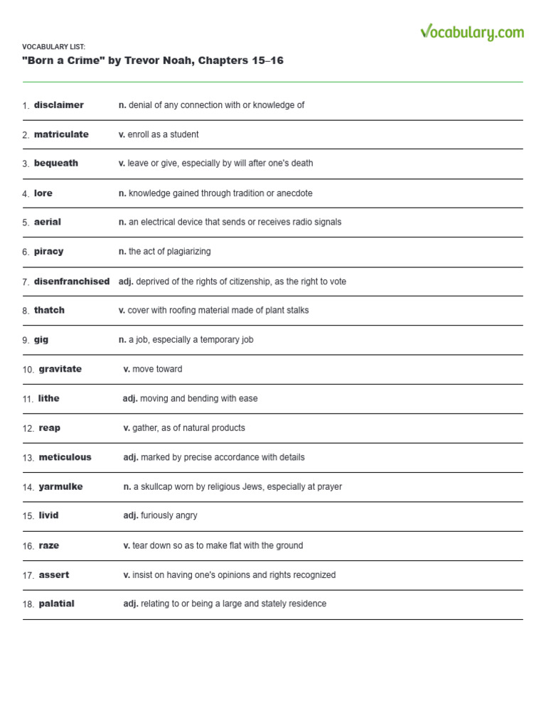 Vocabulary from "Born a Crime" Chapters 15-16 | PDF | Chess Theory