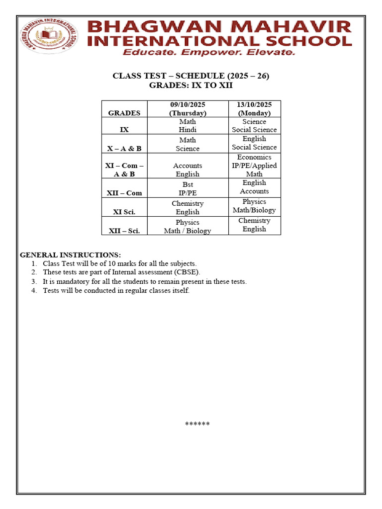 Class Test Schedule | PDF