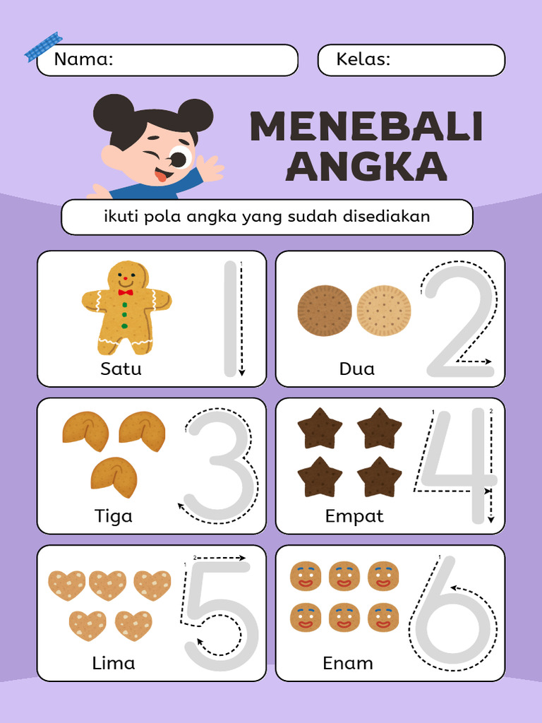 Lembar Kerja Menebali Angka Dan Menghitung Objek Ungu Ilustrasi | PDF