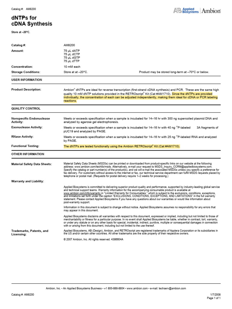 DNTPs For CDNA Synthesis | PDF | Complementary Dna | Polymerase Chain ...