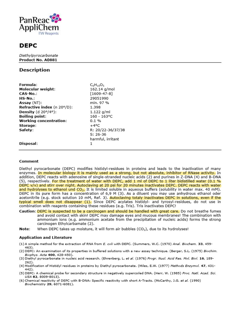 Diethyl Pyrocarbonate (DEPC) Overview | PDF | Ethanol | Water